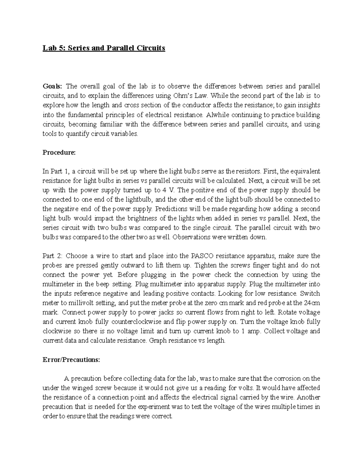 Lab 5 Series and Parallel Circuits - Lab 5: Series and Parallel ...