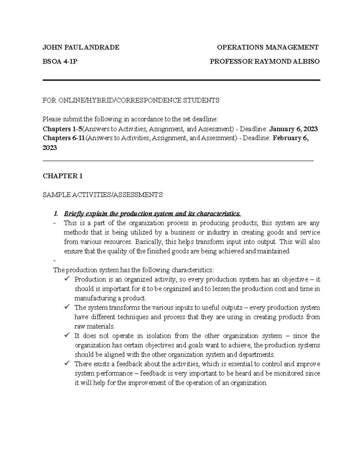 Andrade, JOHN PAUL P BSOA 4-1P Operations Management Chapters #1 to #5 ...