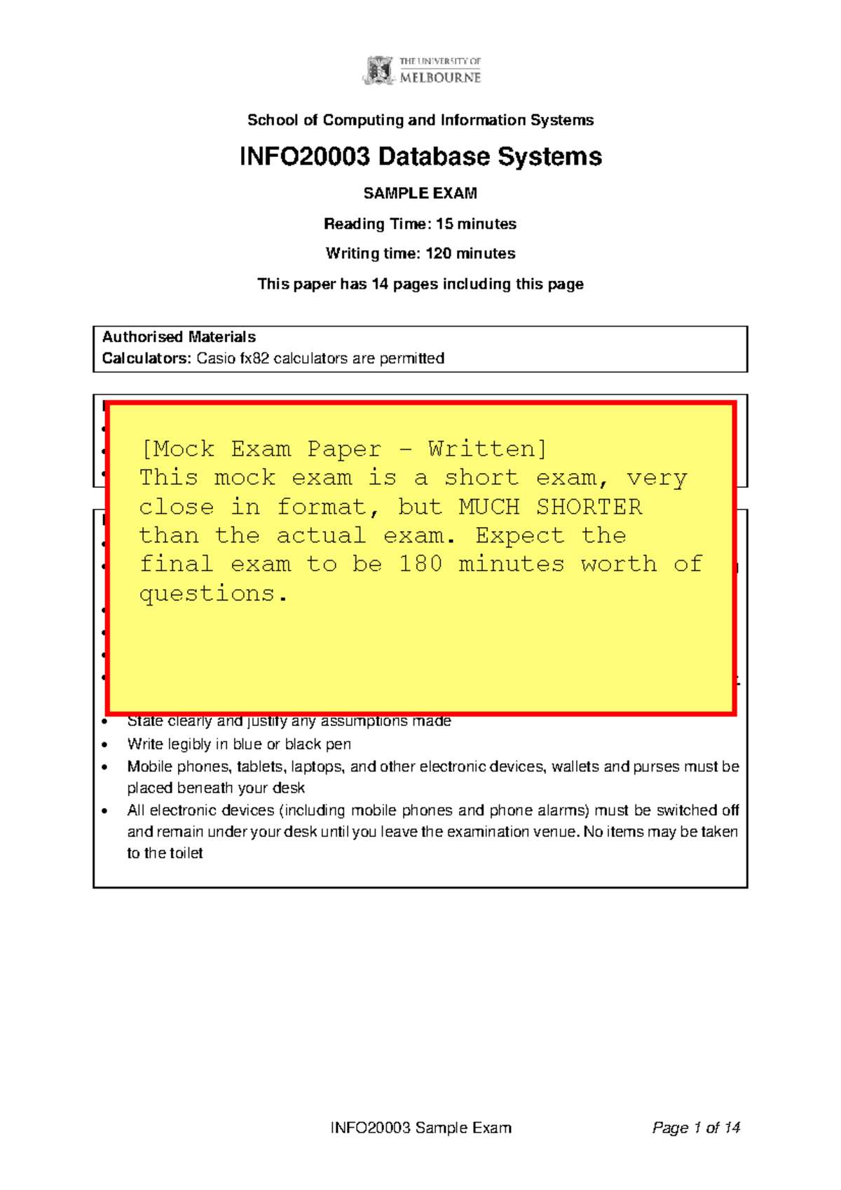 Mock Exam - semester 2 INFO20003 - School of Computing and Information Systems INFO20003 ...