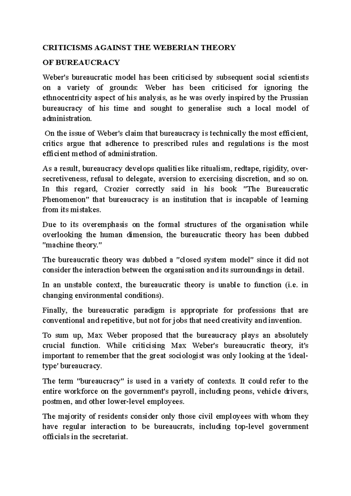 Criticisms Against THE Weberian Theory - CRITICISMS AGAINST THE ...