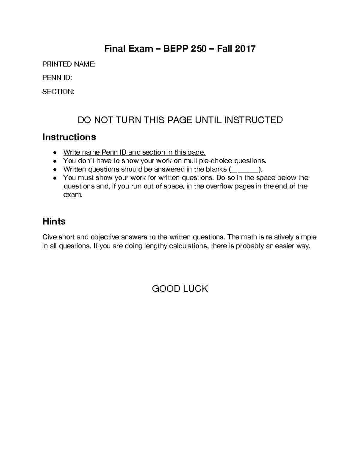 Final - BEPP 250 - Managerial Economics Fall 2020 Professor Azevedo and ...