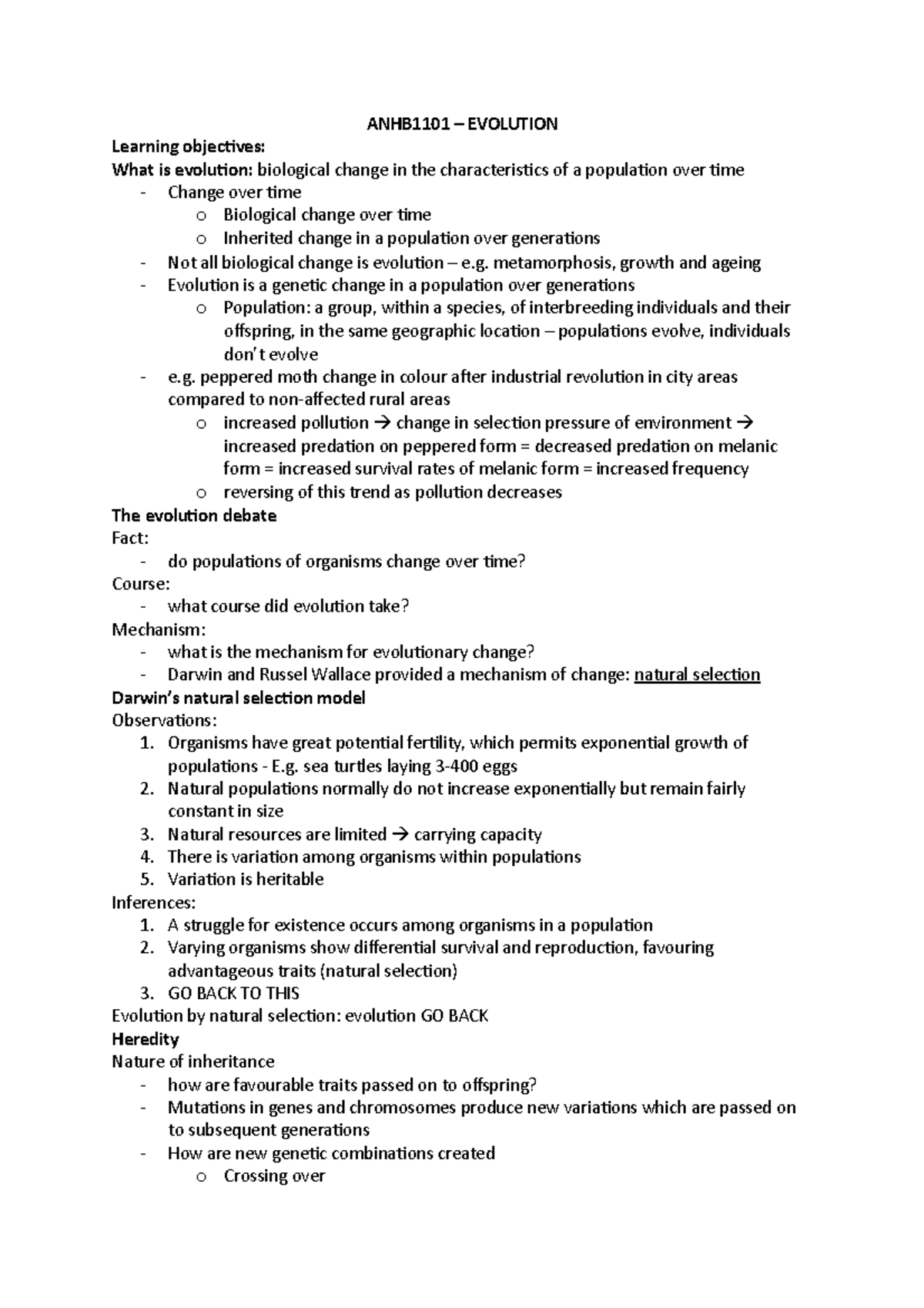 ANHB1101 - Lecture notes - ANHB1101 – EVOLUTION Learning objectives ...