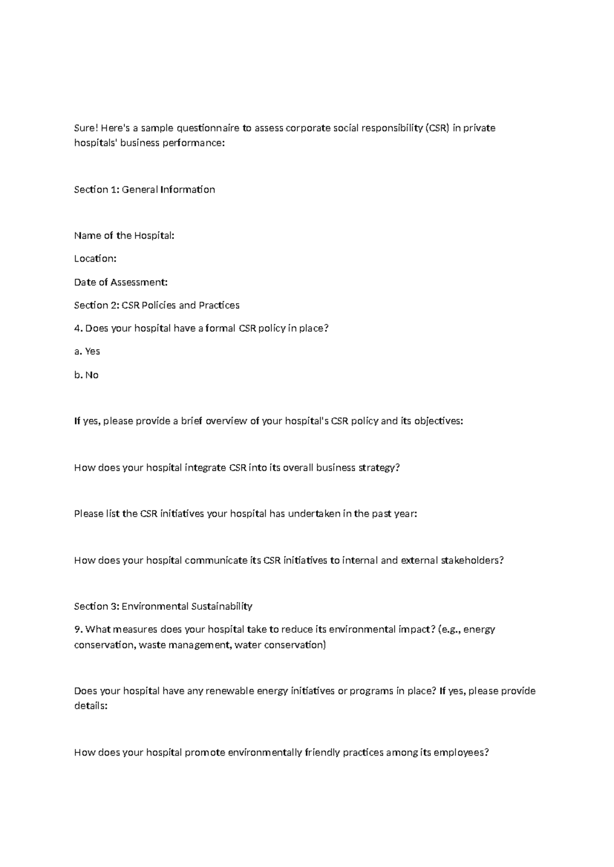 CSR Research Questionnaire - Sure! Here's a sample questionnaire to ...