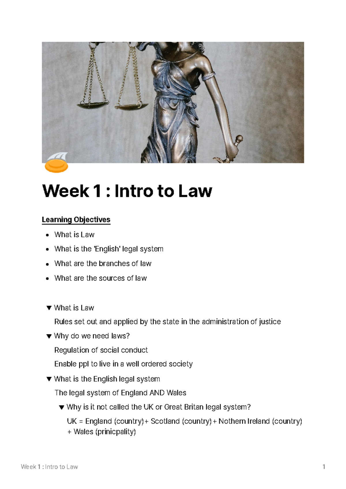 Week 1 Intro to Law - 🥏 Week 1 : Intro to Law Learning Objectives What ...