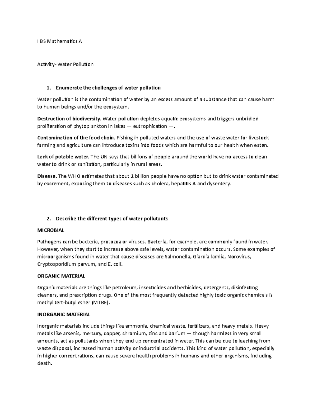 Activity 2: Water Pollution - Environmental Science - PangSU - Studocu