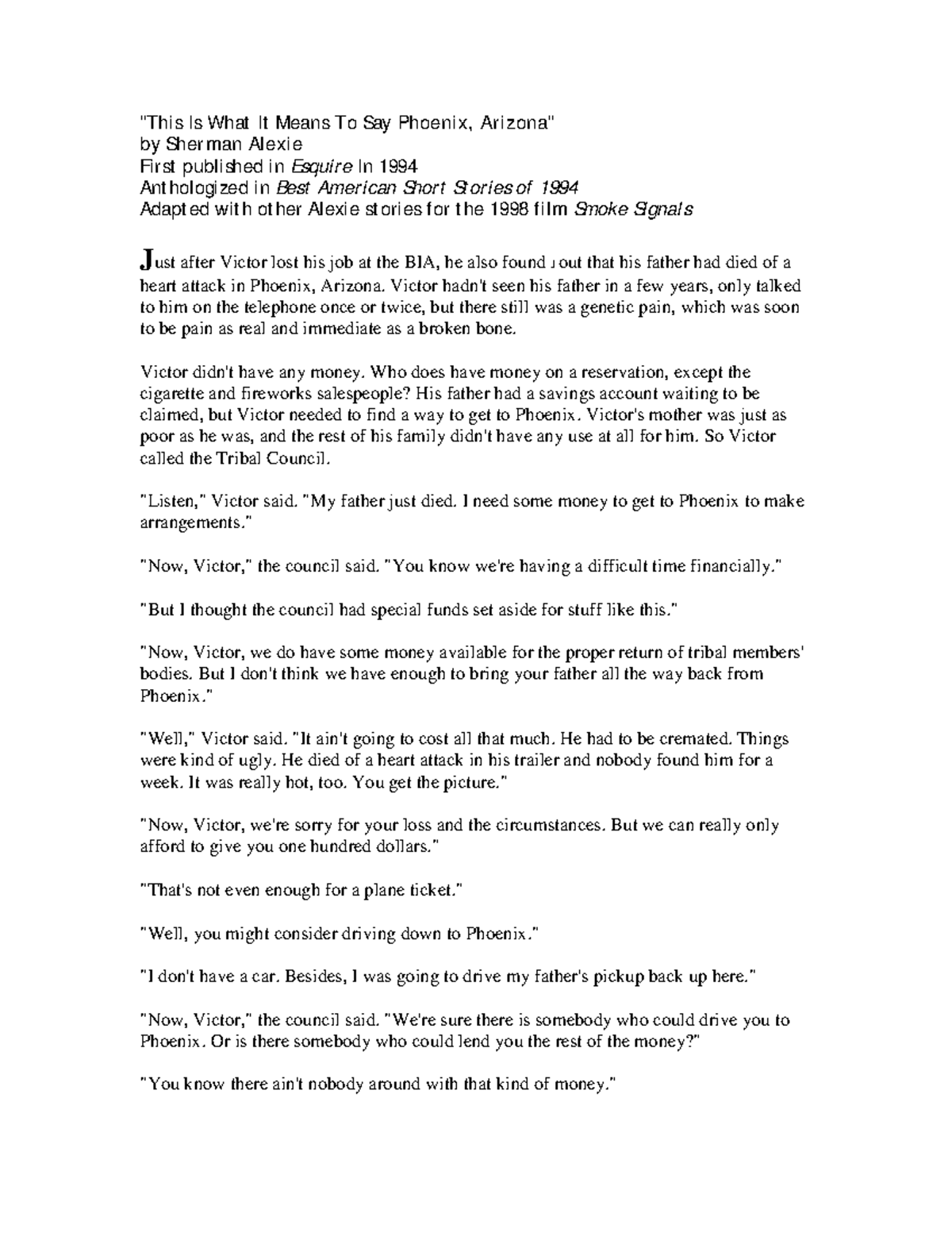 Sherman alexie this is what it means to say phoenix - Studocu