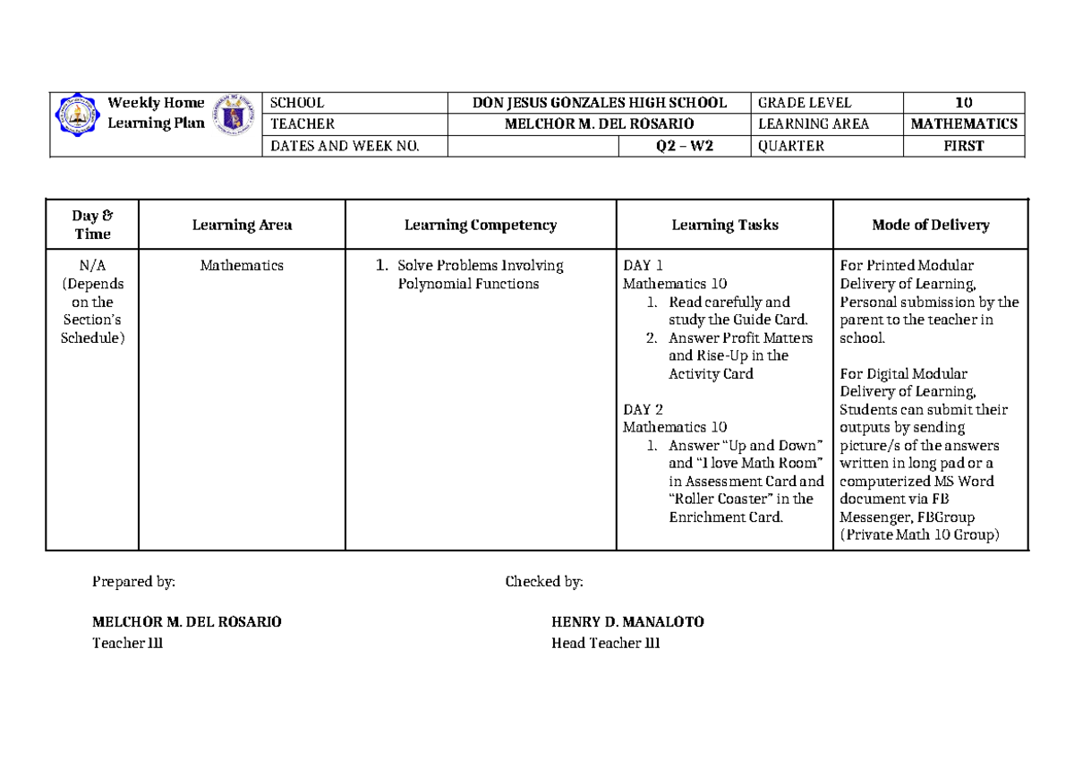 Math10 Q2W2 - Weekly Lesson Log - Weekly Home Learning Plan SCHOOL DON ...