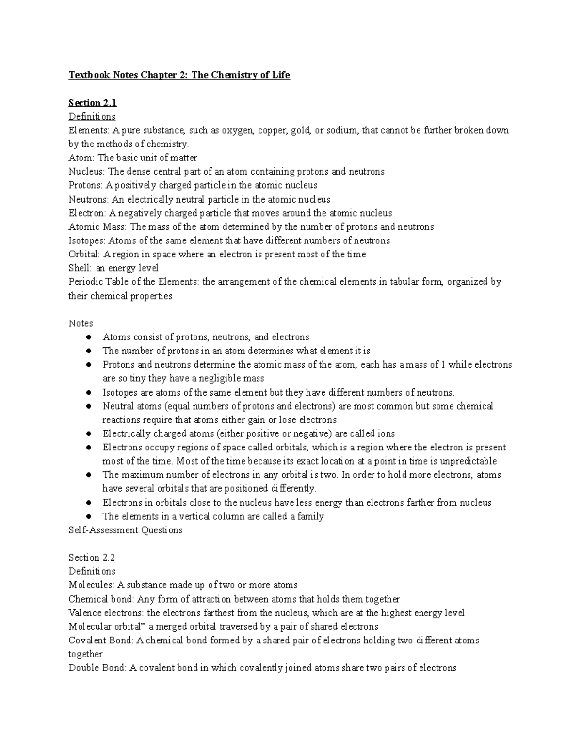 Textbook Notes The Chemistry of Life - Textbook Notes Chapter 2: The ...