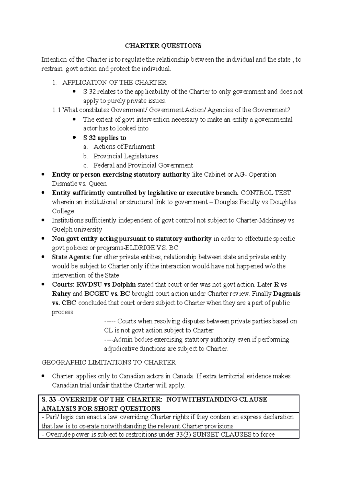 Constitutional law Frame answer - CHARTER QUESTIONS Intention of the ...