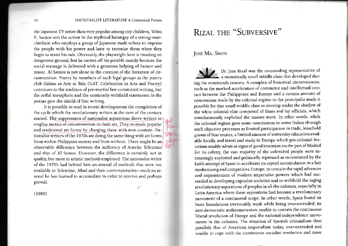 Rizal the Subversive - J.M. Sison - NAfIONALIST LITERATURE A Centennial ...