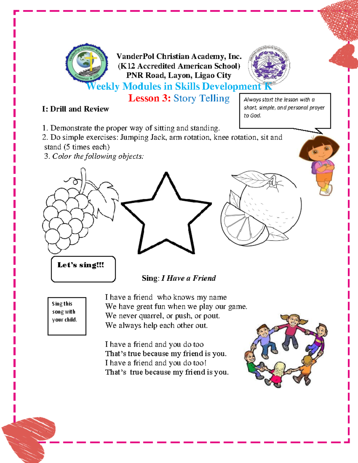 Skills-Lesson-3 - Kindergarten Skills lesson 3 - VanderPol Christian ...