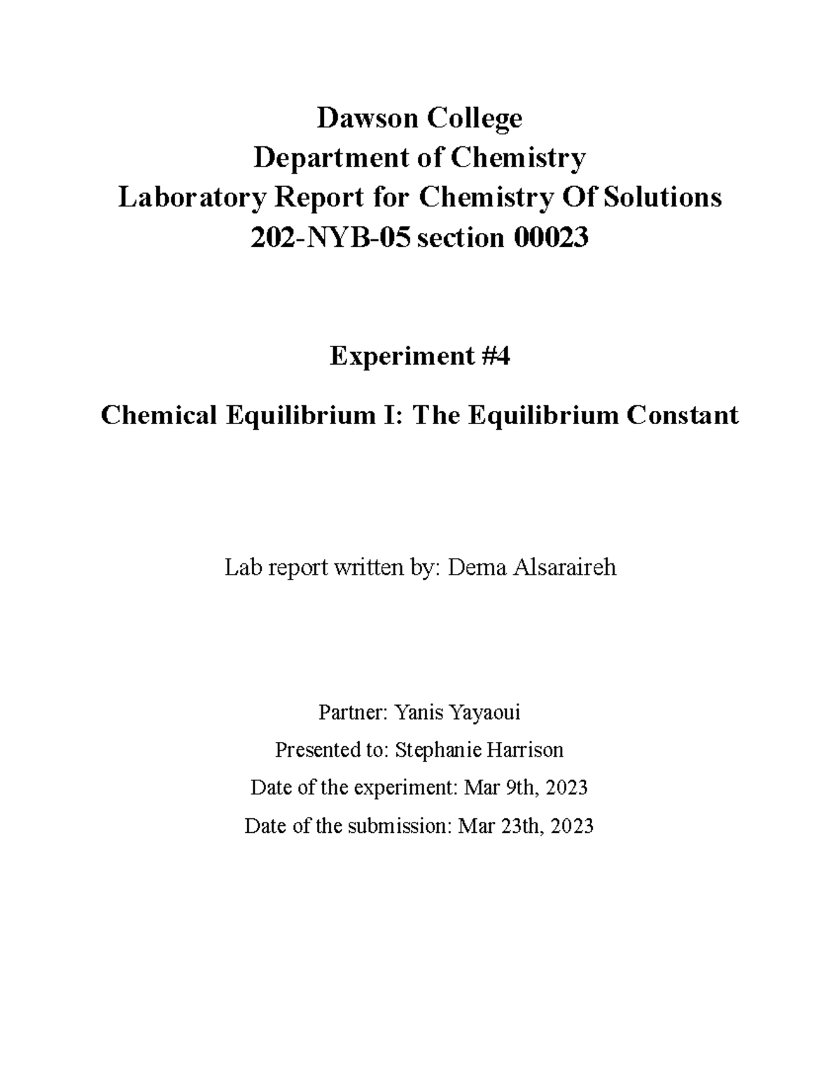Chemical Equilibrium I The Equilibrium Constant - Dawson College ...