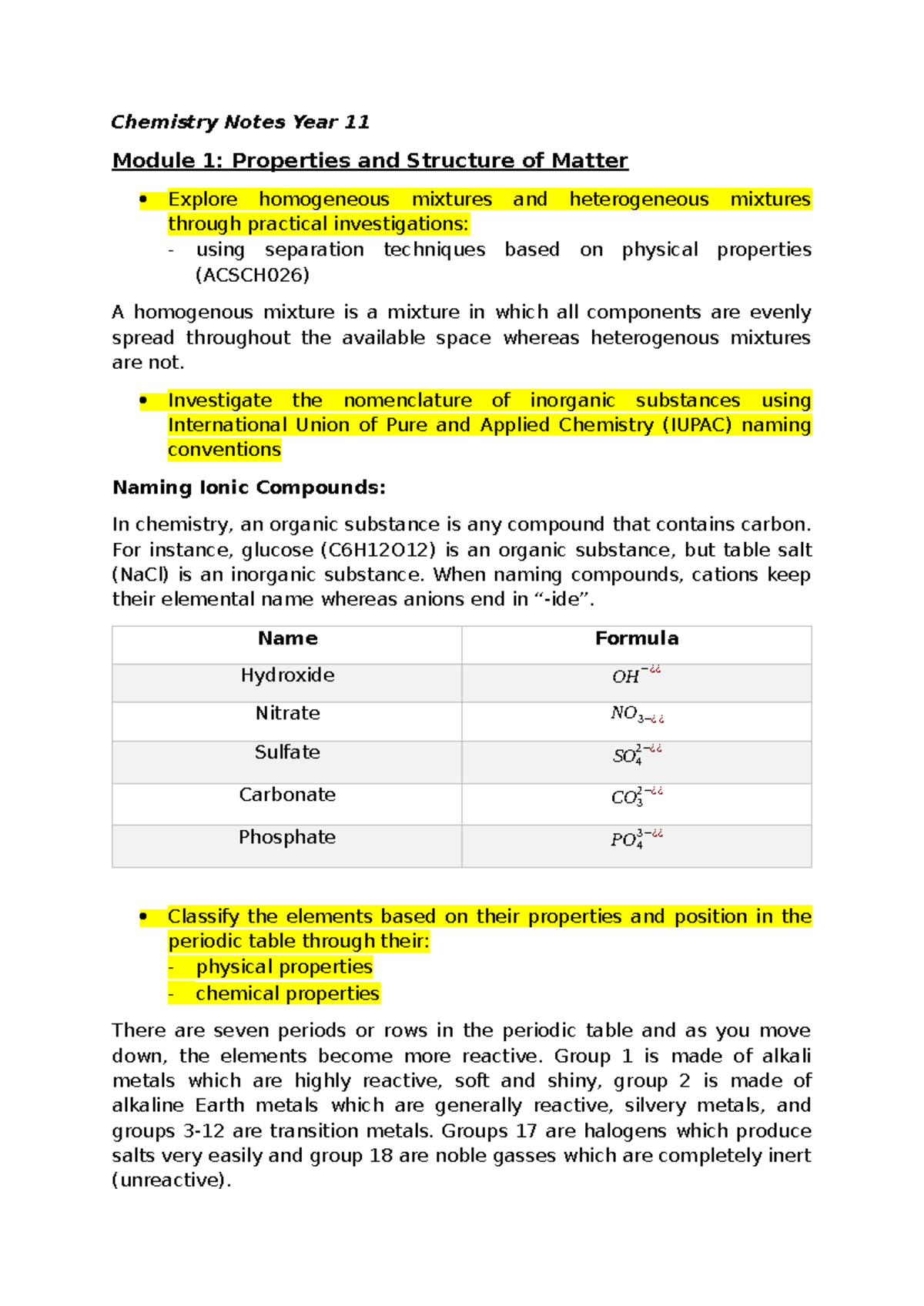 Notes mod 1-3 Chemistry - Chemistry Notes Year 11 Module 1: Properties ...
