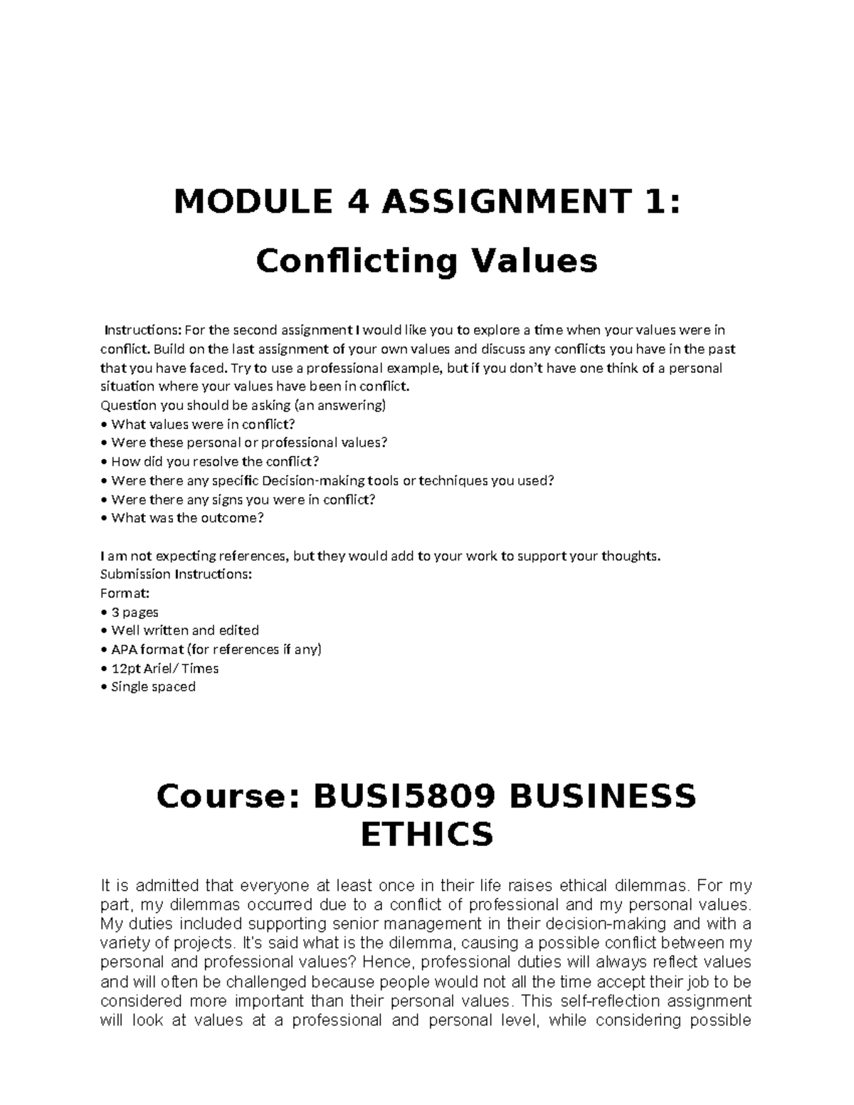 Module 4 Assignment 1 Conflicting Values - MODULE 4 ASSIGNMENT 1: Conflicting Values ...