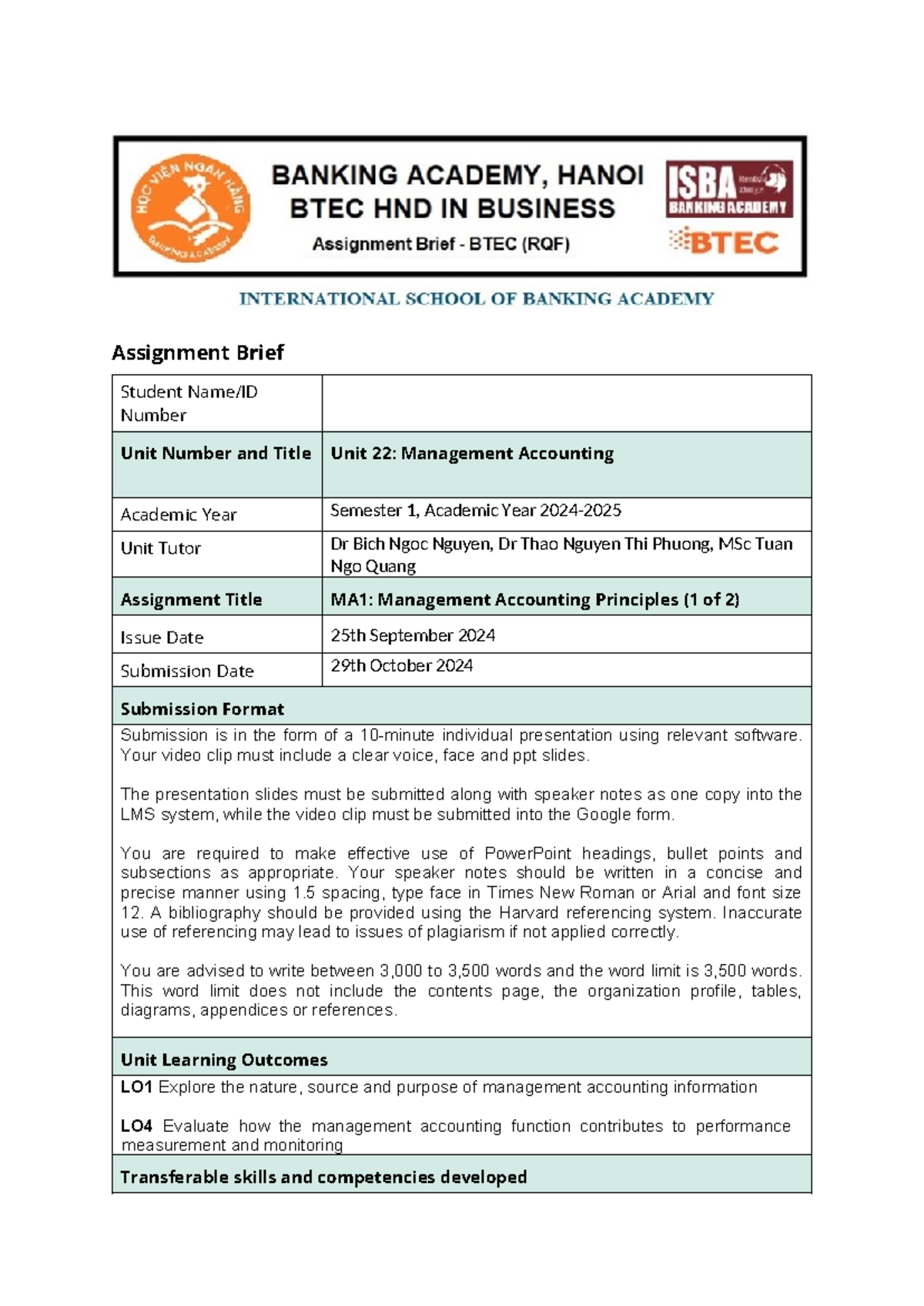 MA A1 assignment brief - Assignment Brief Student Name/ID Number Unit Number and Title Unit 22 ...