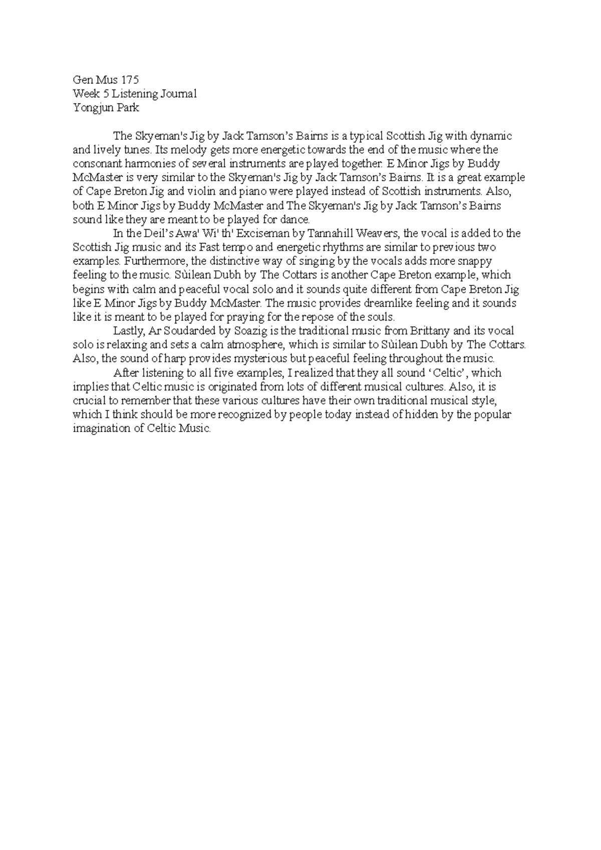 Week 5 Listening Journal - Gen Mus 175 Week 5 Listening Journal Yongjun ...