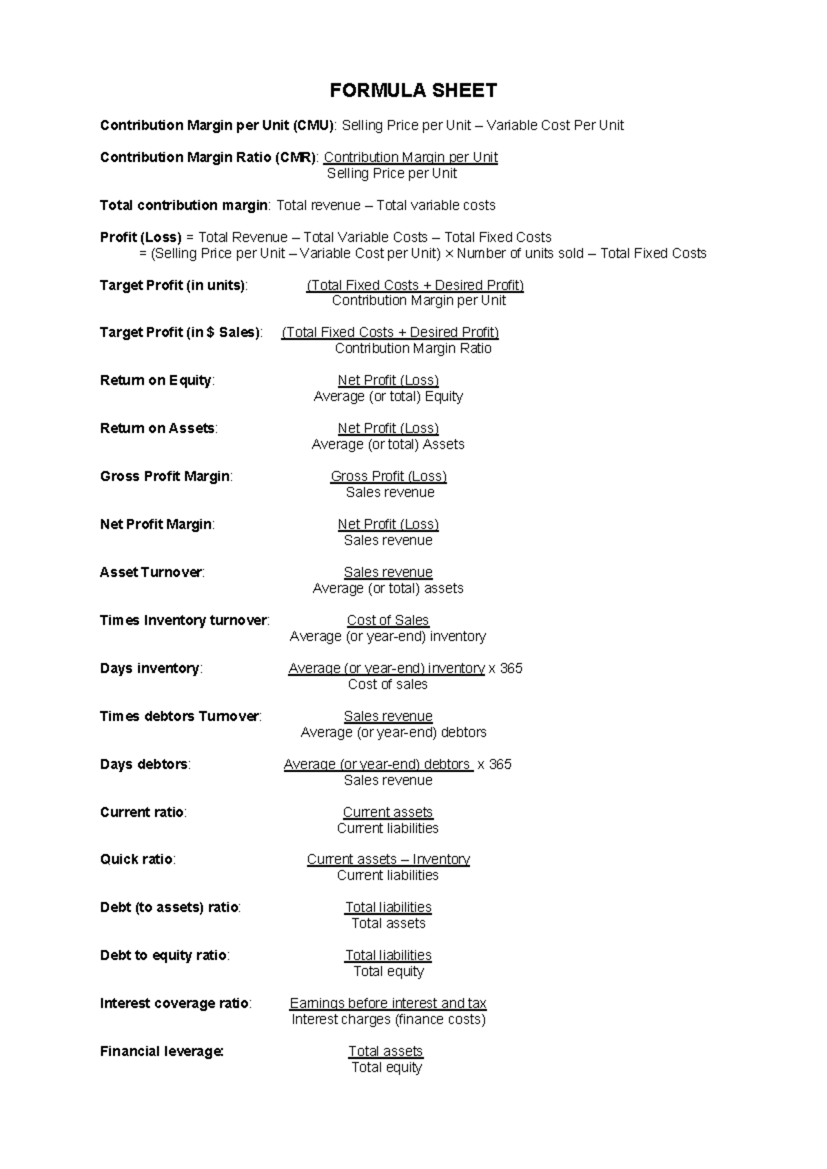 MAA103 Formula Sheet - FORMULA SHEET Contribution Margin per Unit (CMU ...