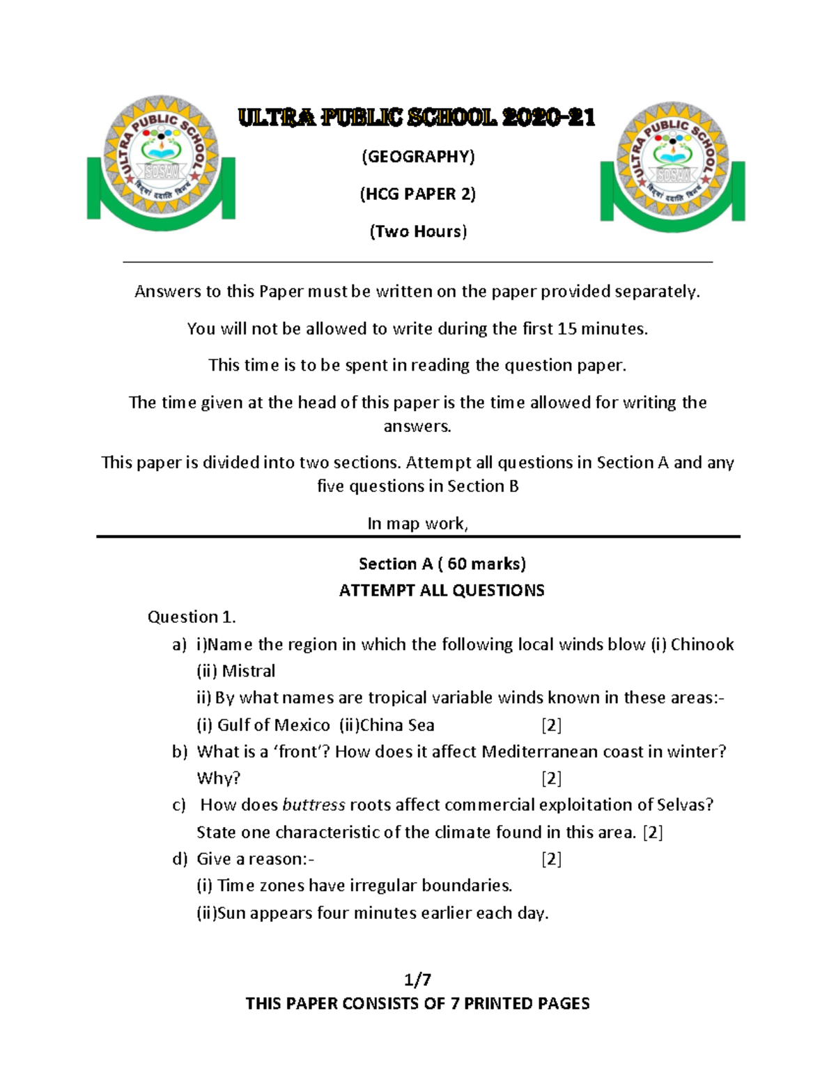Ultra Public School Final Geography Class IX Preboard - 1/ (GEOGRAPHY ...