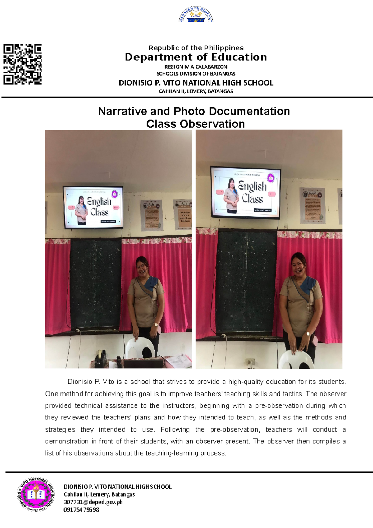 COT- Narrative - Third Quarter - Narrative and Photo Documentation Class Observation Dionisio P ...