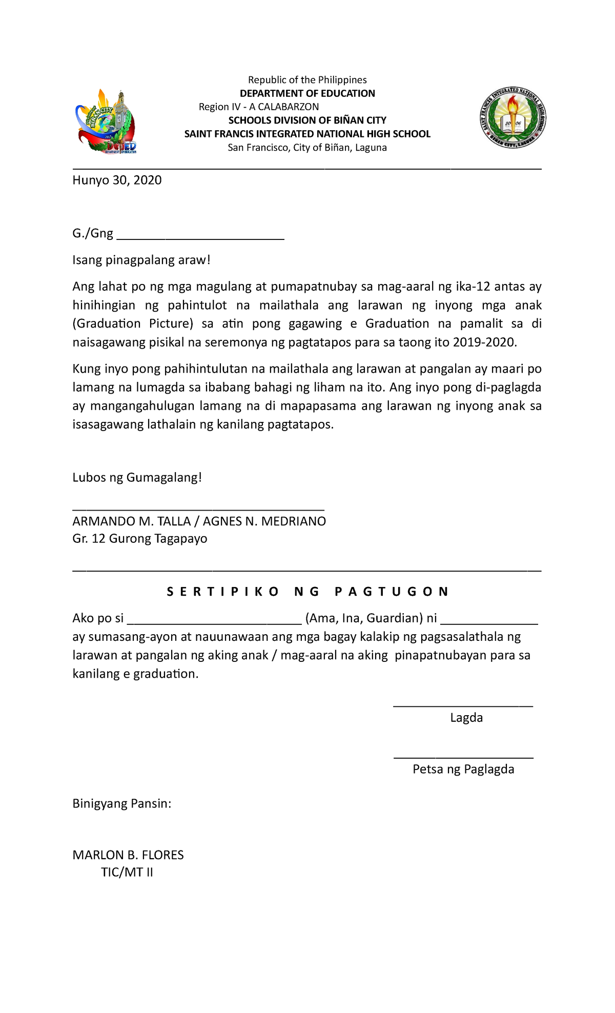 Parents Consent E Graduation Republic Of The Philippines DEPARTMENT