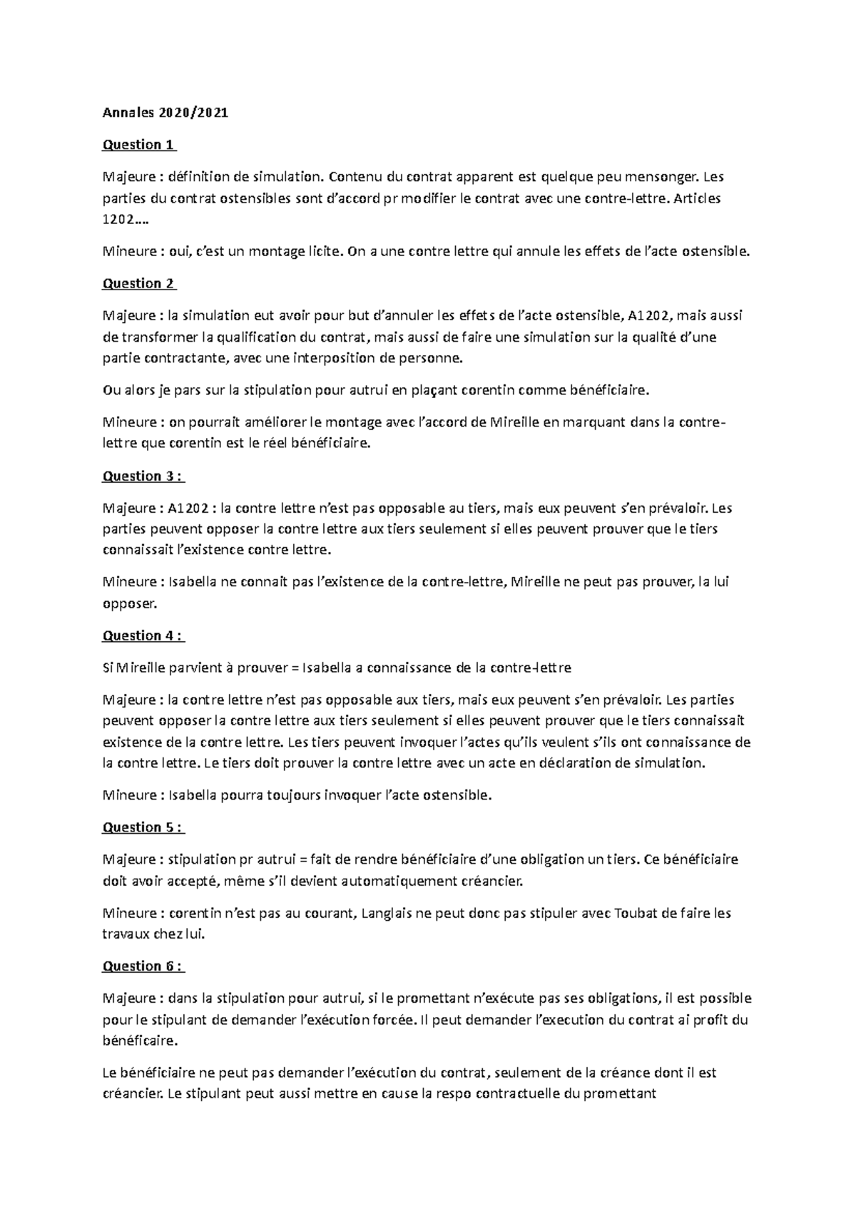 Annales 2020-2021 cas pratique - Annales 2020/ Question 1 Majeure ...