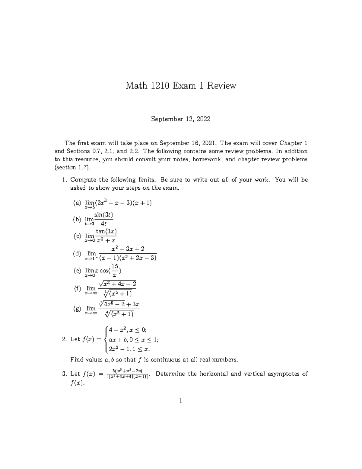 Math+1210+Exam+1+Review - Math 1210 Exam 1 Review September 13, 2022 ...
