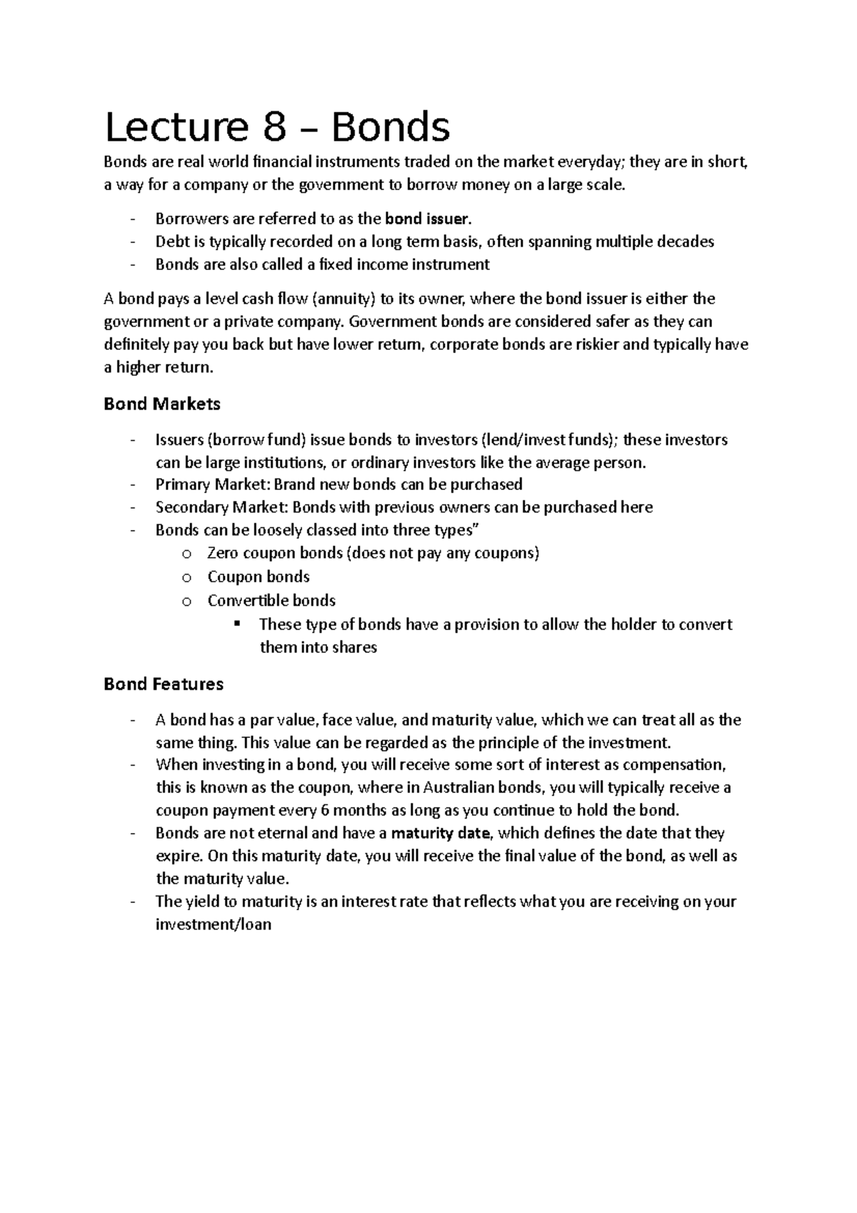 Lecture 8 - Bonds - Notes - Lecture 8 – Bonds Bonds are real world ...