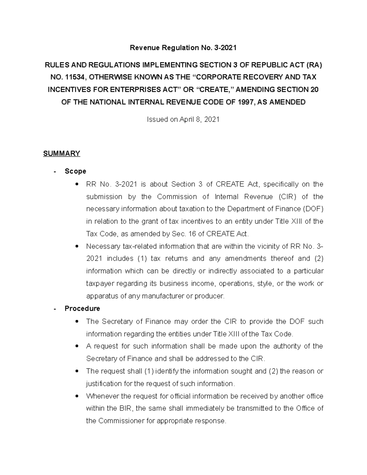 RR No. 3-4-2021 DIgest - Revenue Regulation No. 3- RULES AND ...