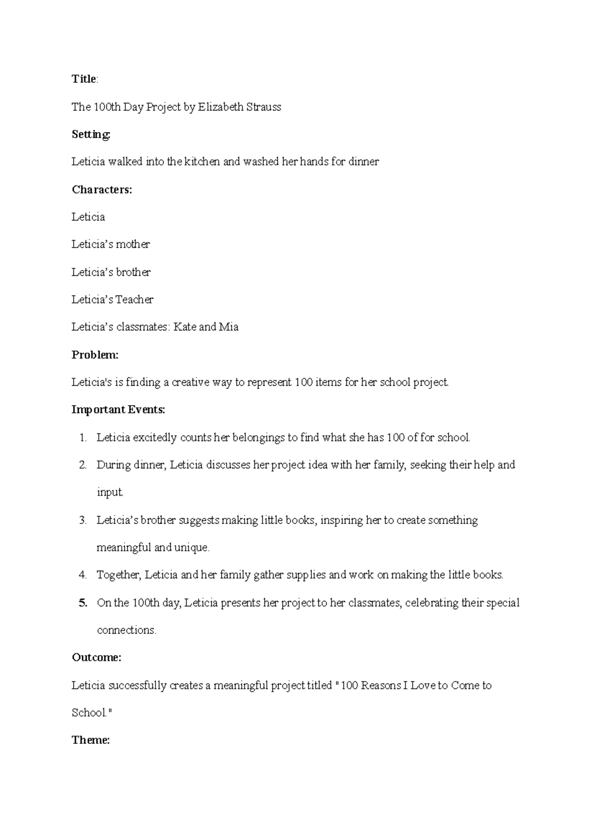 Narrative Comprehension Activity - Title: The 100th Day Project by ...