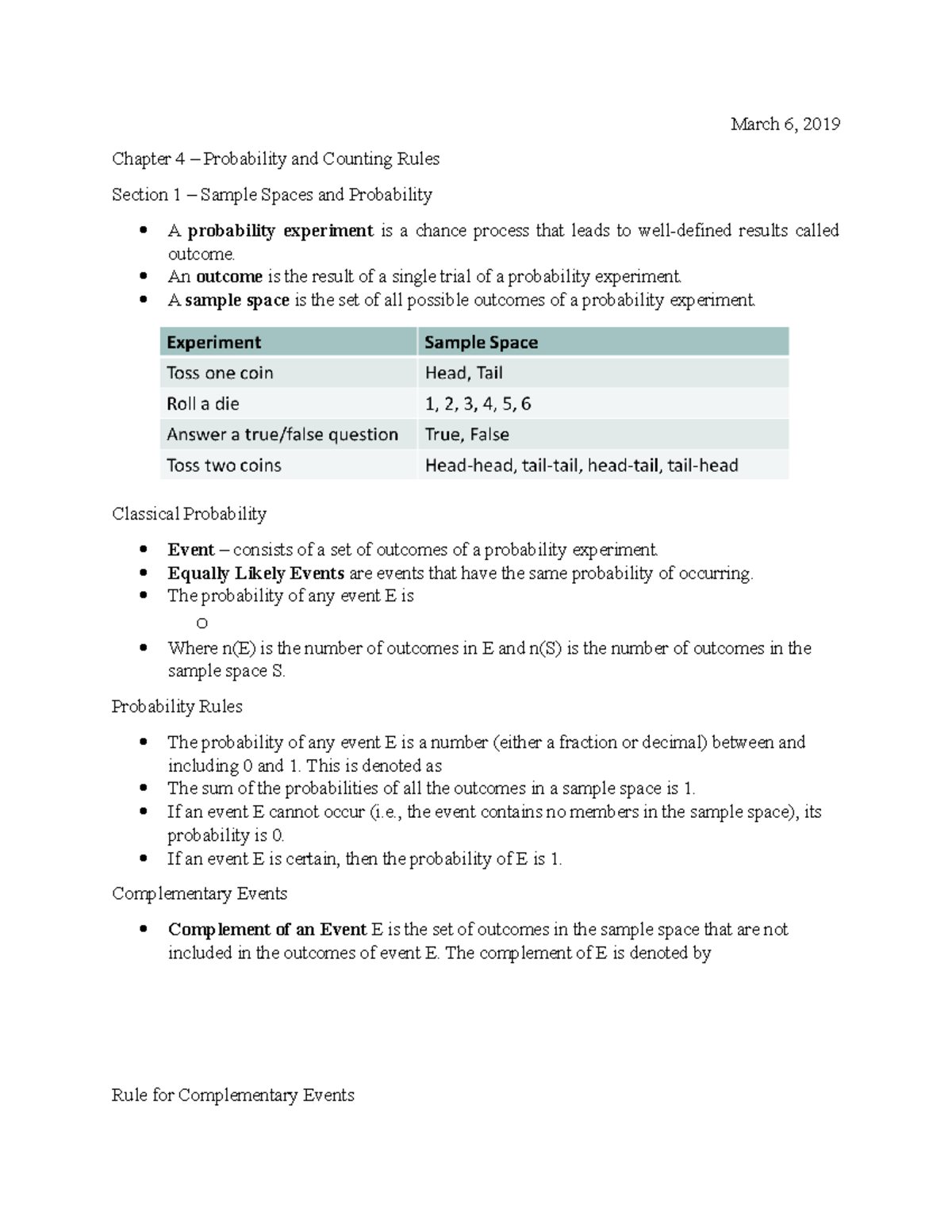 Chapter 4 Section 1 Notes - March 6, 2019 Chapter 4 – Probability and ...