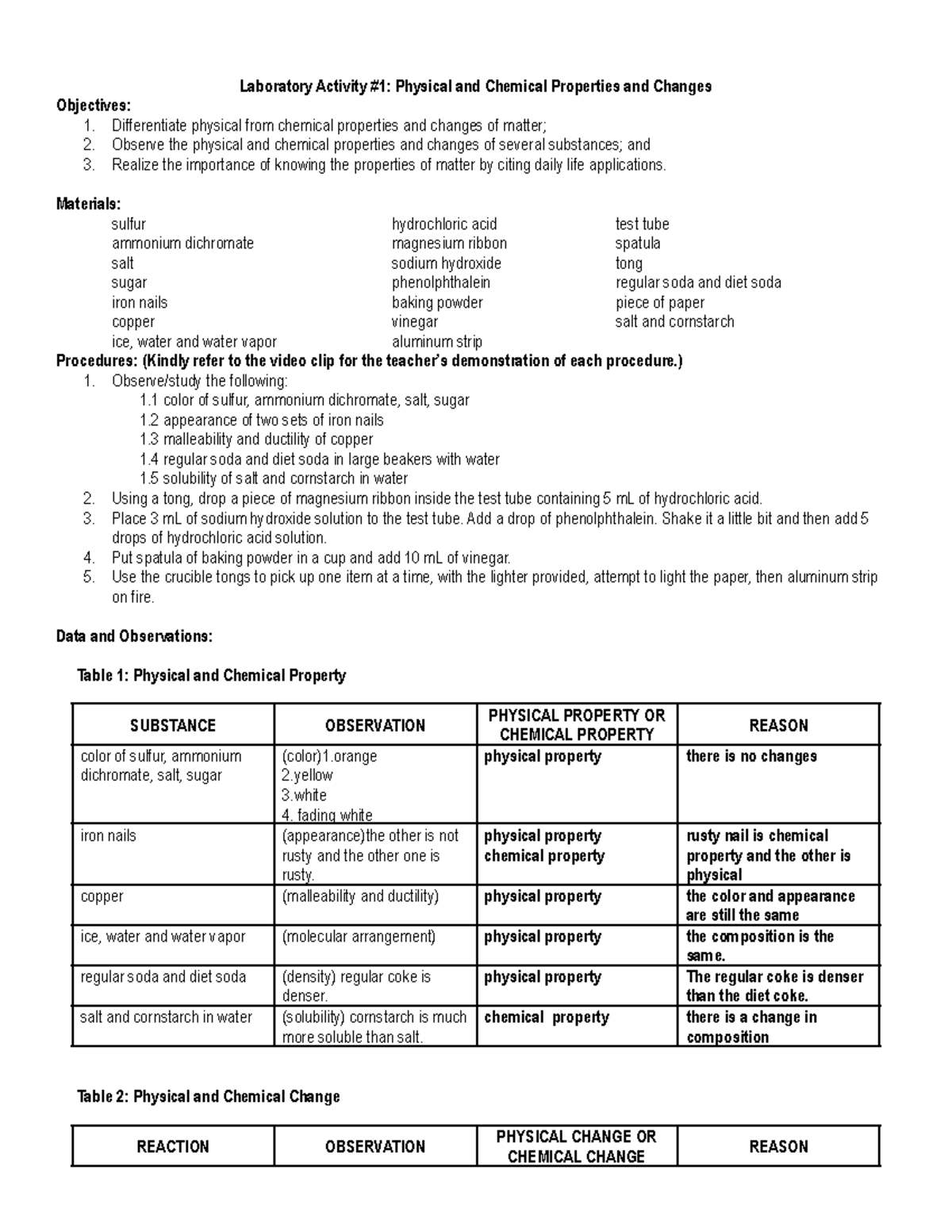 Laboratory Activity 1 Physical and Chemical Properties and Changes ...