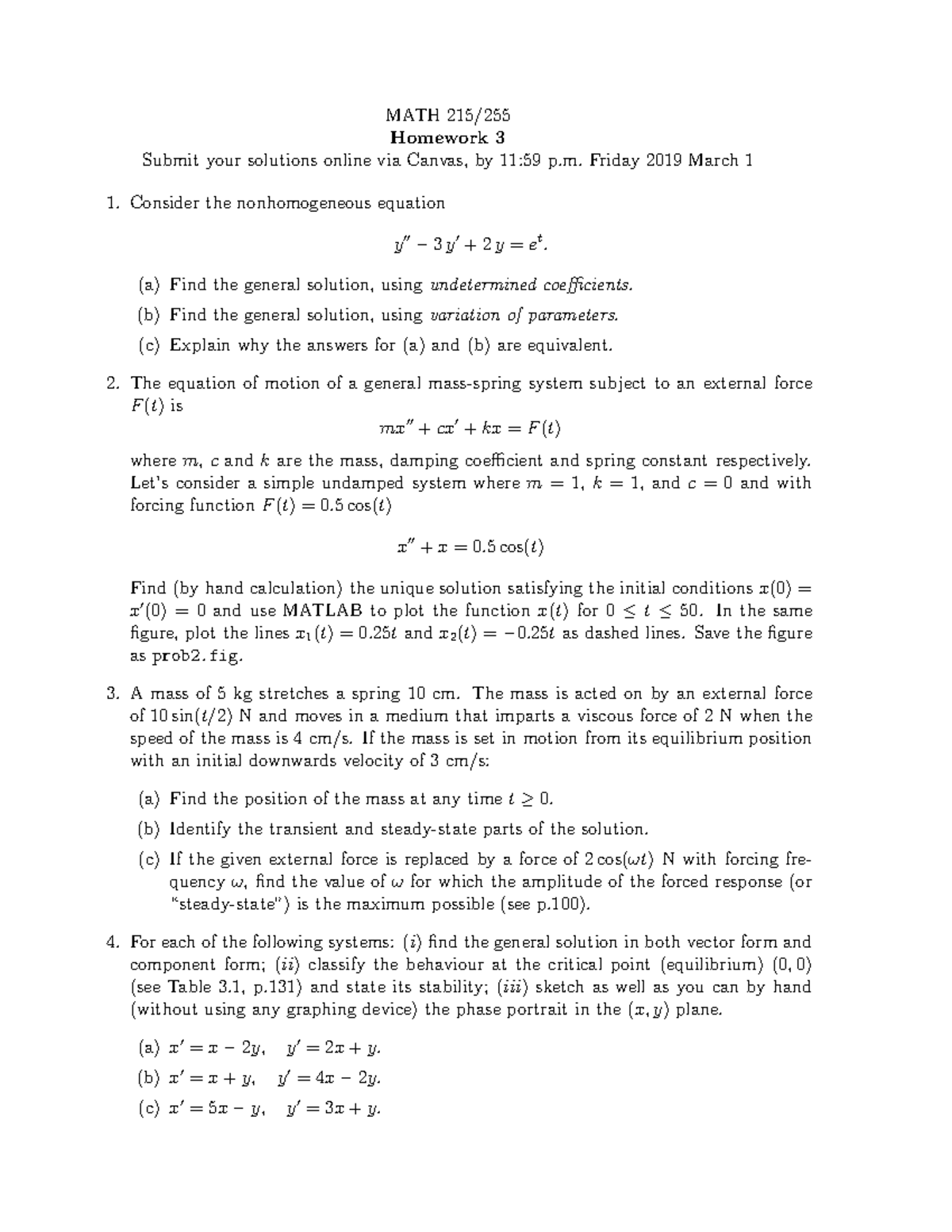 Hw3 - MATH 215/ Homework 3 Submit your solutions online via Canvas, by 11:59 p. Friday 2019 ...