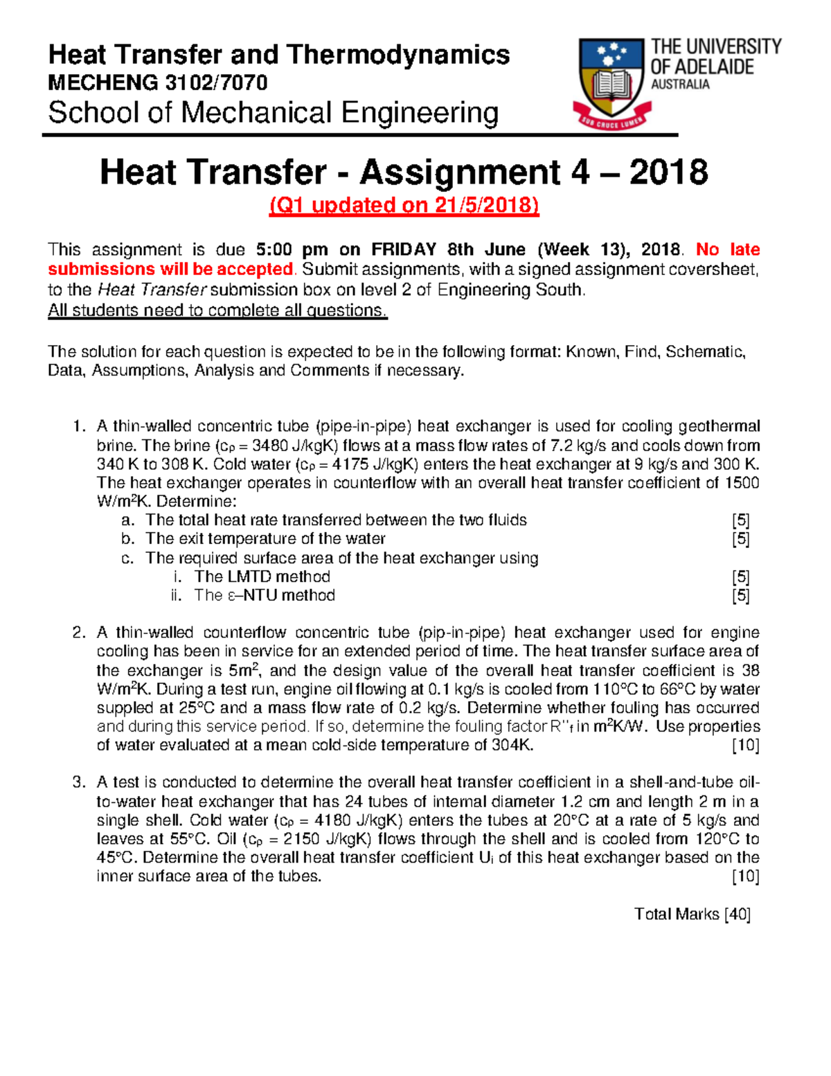HT-Assignment-4-2018 - Updated 21-5-18 - Heat Transfer and ...