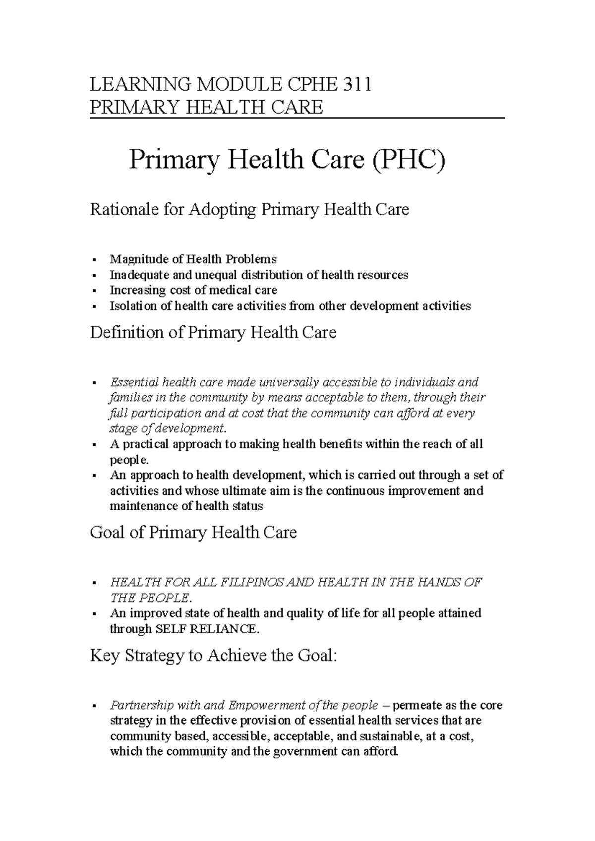 CPHE 311 Final Module - notes - LEARNING MODULE CPHE 311 PRIMARY HEALTH ...