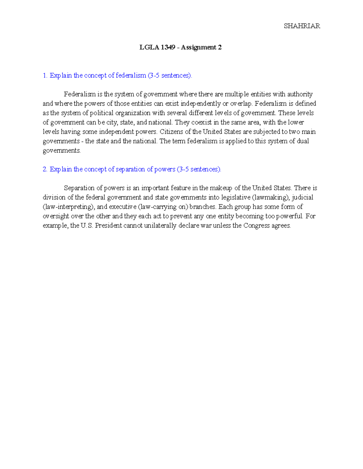 LGLA 1349 - Assignment 2 - SHAHRIAR LGLA 1349 - Assignment 2 Explain the concept of federalism ...