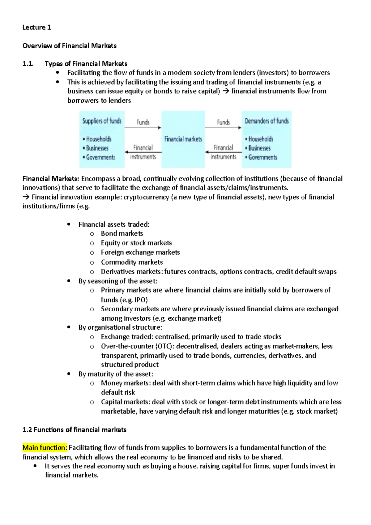 Lecture 1 - Lecture 1 Overview of Financial Markets Types of Financial ...