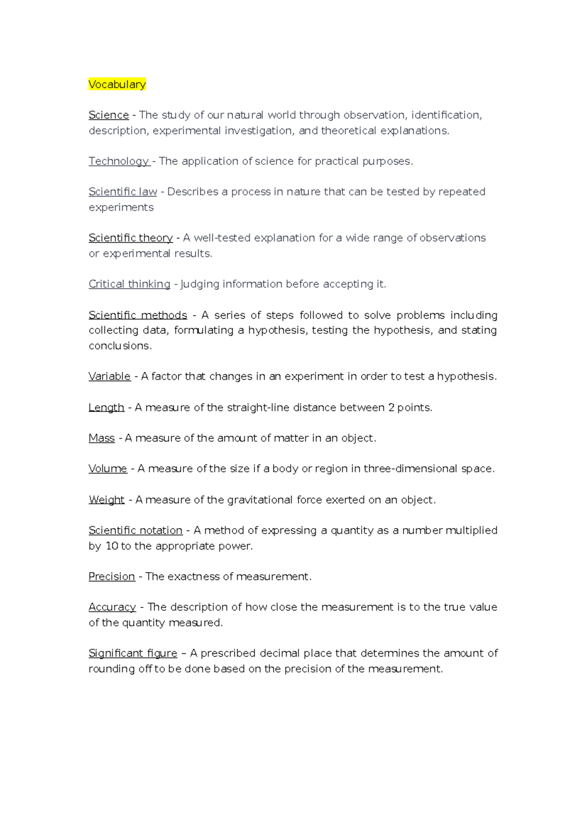 Chapter 1 - Intro. to Science - Vocabulary Science - The study of our ...