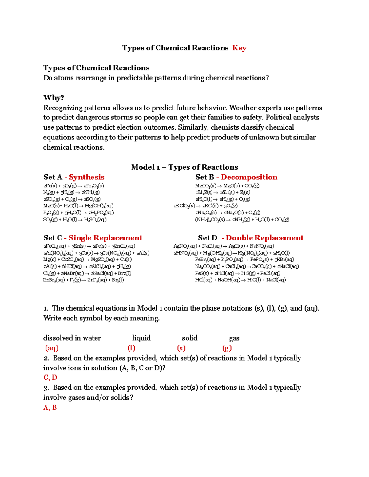 Copy of Types of Chemical Reactions Key - Types of Chemical Reactions ...