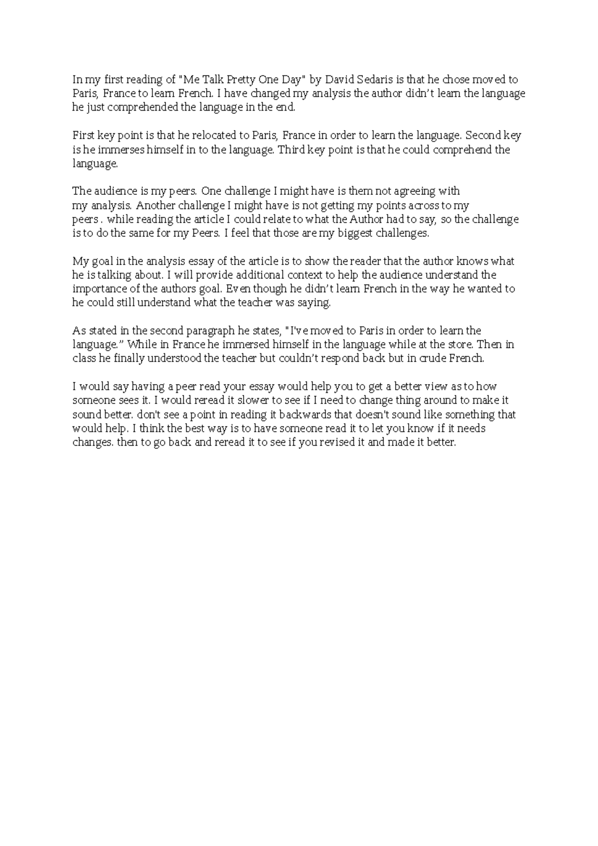 Module 5 - In my first reading of "Me Talk Pretty One Day" by David ...