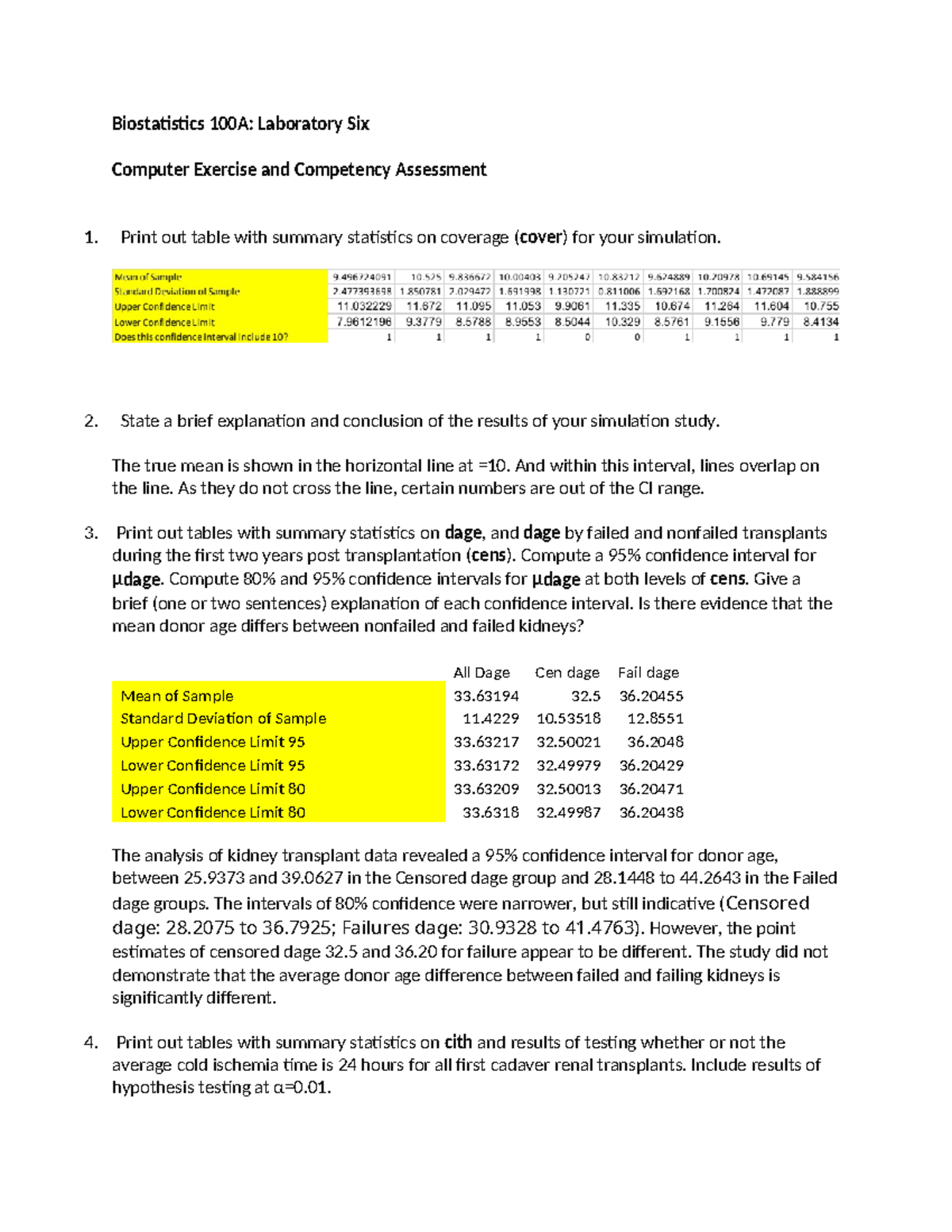 Stat lab 6 (done) - Biostatistics 100A: Laboratory Six Computer Exercise and Competency ...