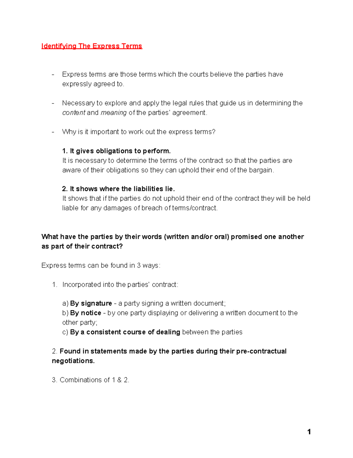 Marti's Notes - Law of Contract B - Identifying The Express Terms ...