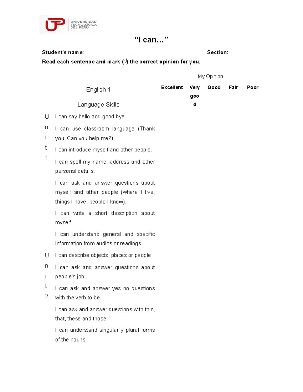 I can... - Inglés 1 - “I can...” Student’s name ...