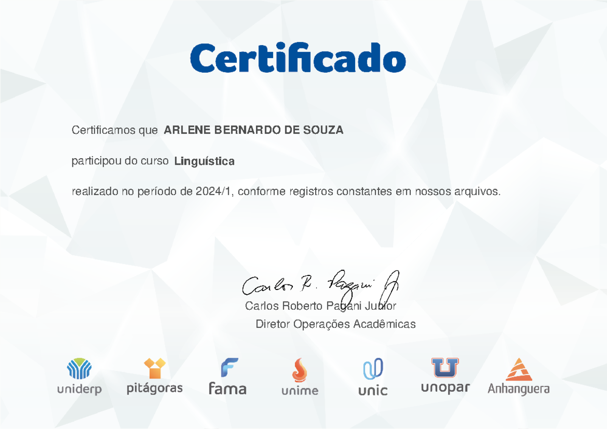 Linguística - Certificado - Letras - Português - Certificamos que ...