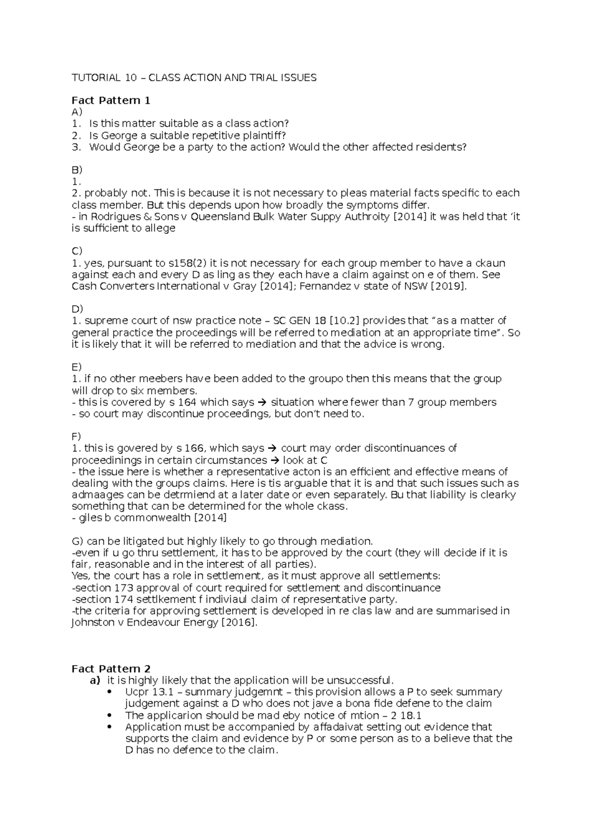 Tutorial 10 - TUTORIAL 10 – CLASS ACTION AND TRIAL ISSUES Fact Pattern ...