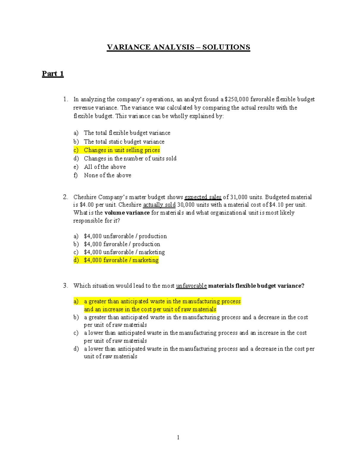 11 Variance Analysis Solutions - VARIANCE ANALYSIS – SOLUTIONS Part 1 ...