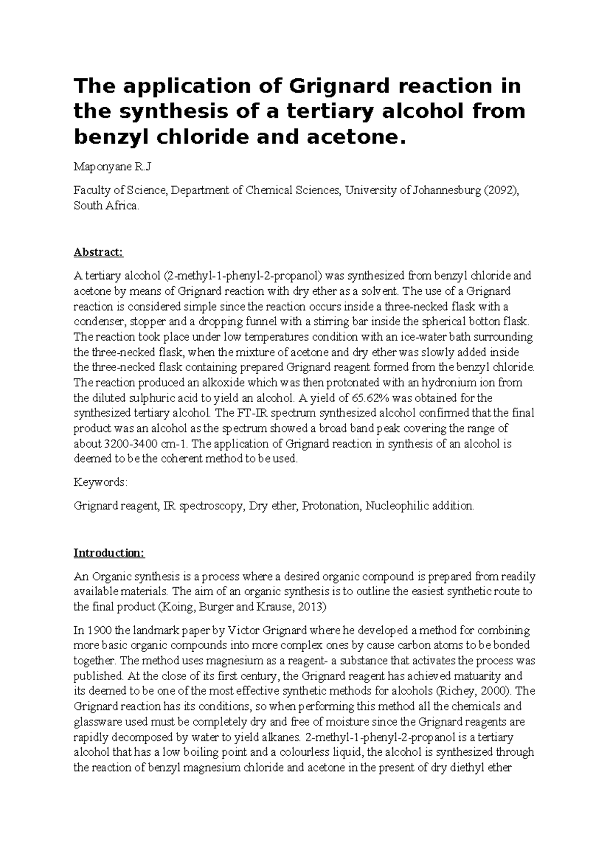 The application of Grignard reaction in the synthesis of a tertiary ...