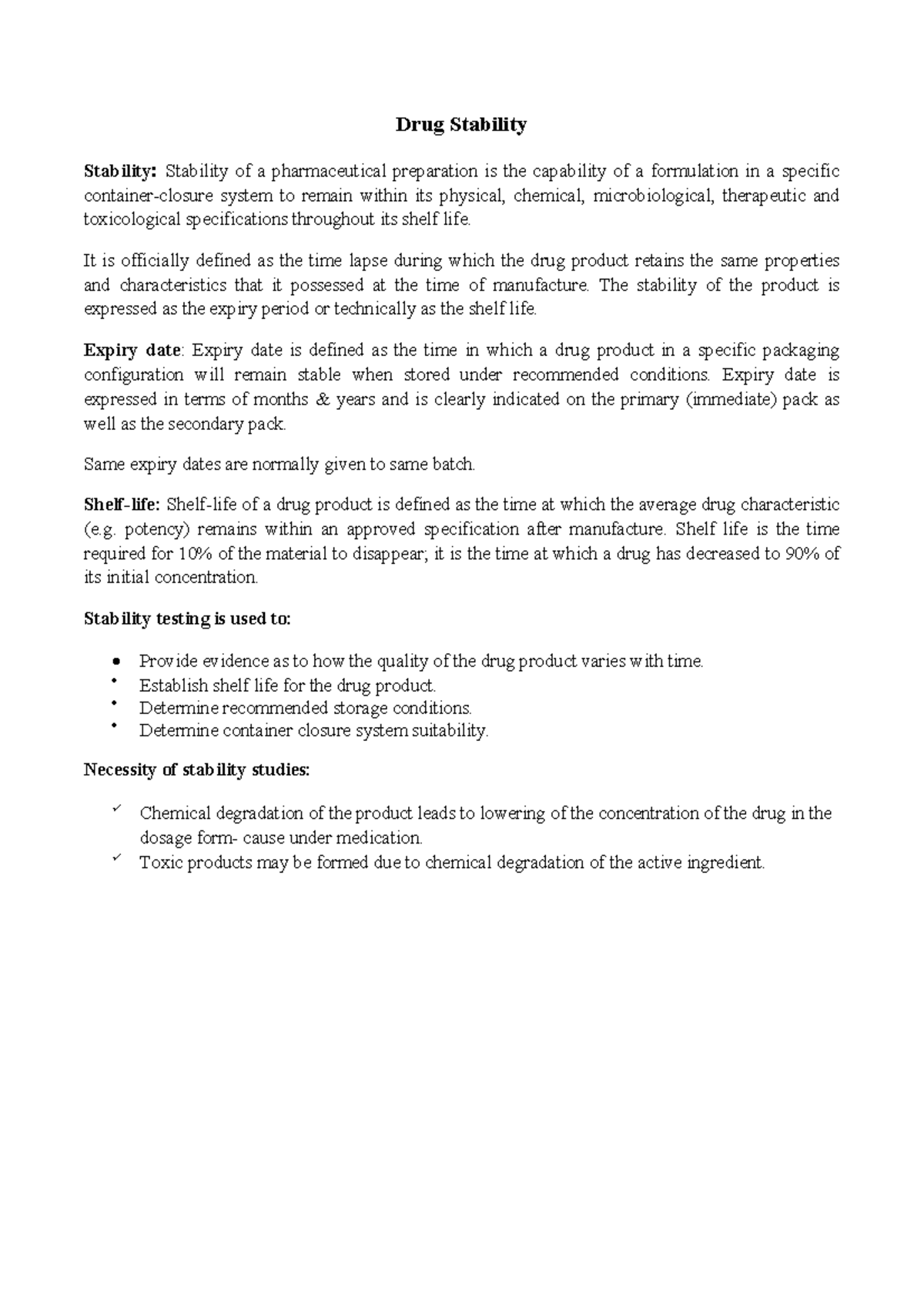 Drug stability Physical Pharmacy - Drug Stability Stability: Stability ...