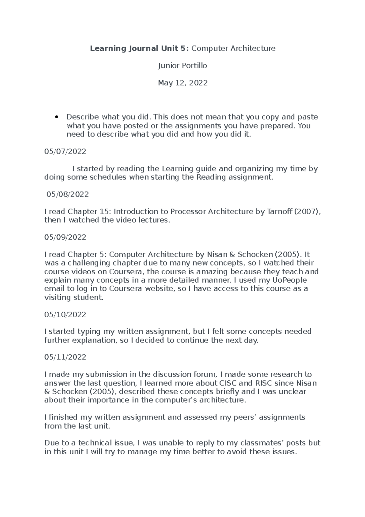 LJ5 - Learning journal - Learning Journal Unit 5: Computer Architecture ...