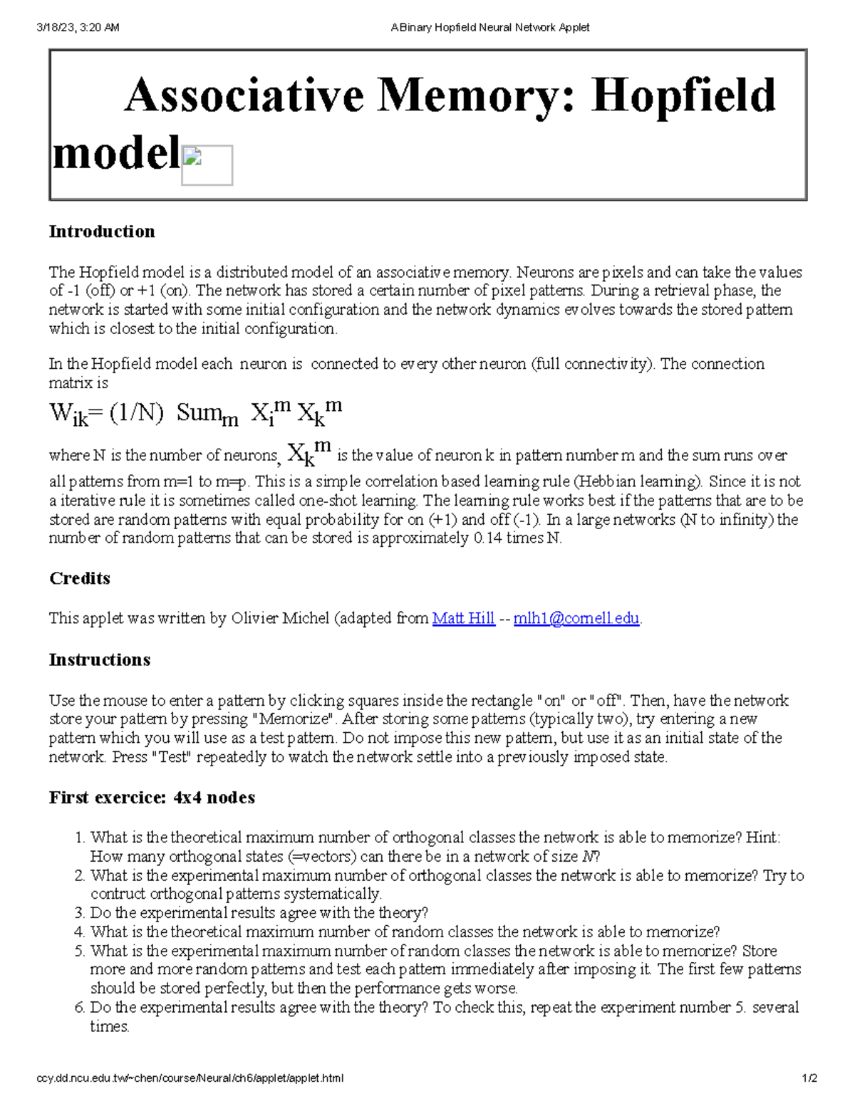A Binary Hopfield Neural Network Applet - dd.ncu.edu/~chen/course ...
