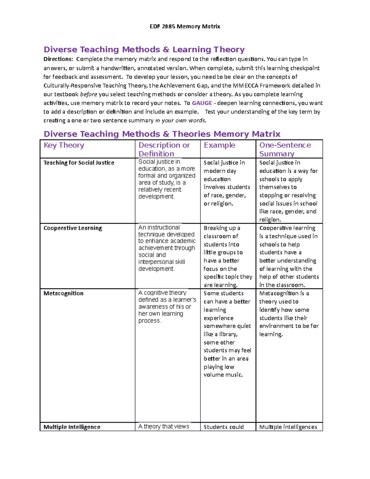 Diverse Teaching Methods Memory Matrix - EDF 2085 - Diverse Teaching ...